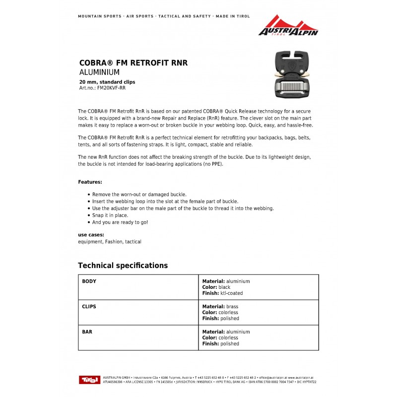AustriAlpin COBRA FM Retrofit Field Repair Quick Release Buckle